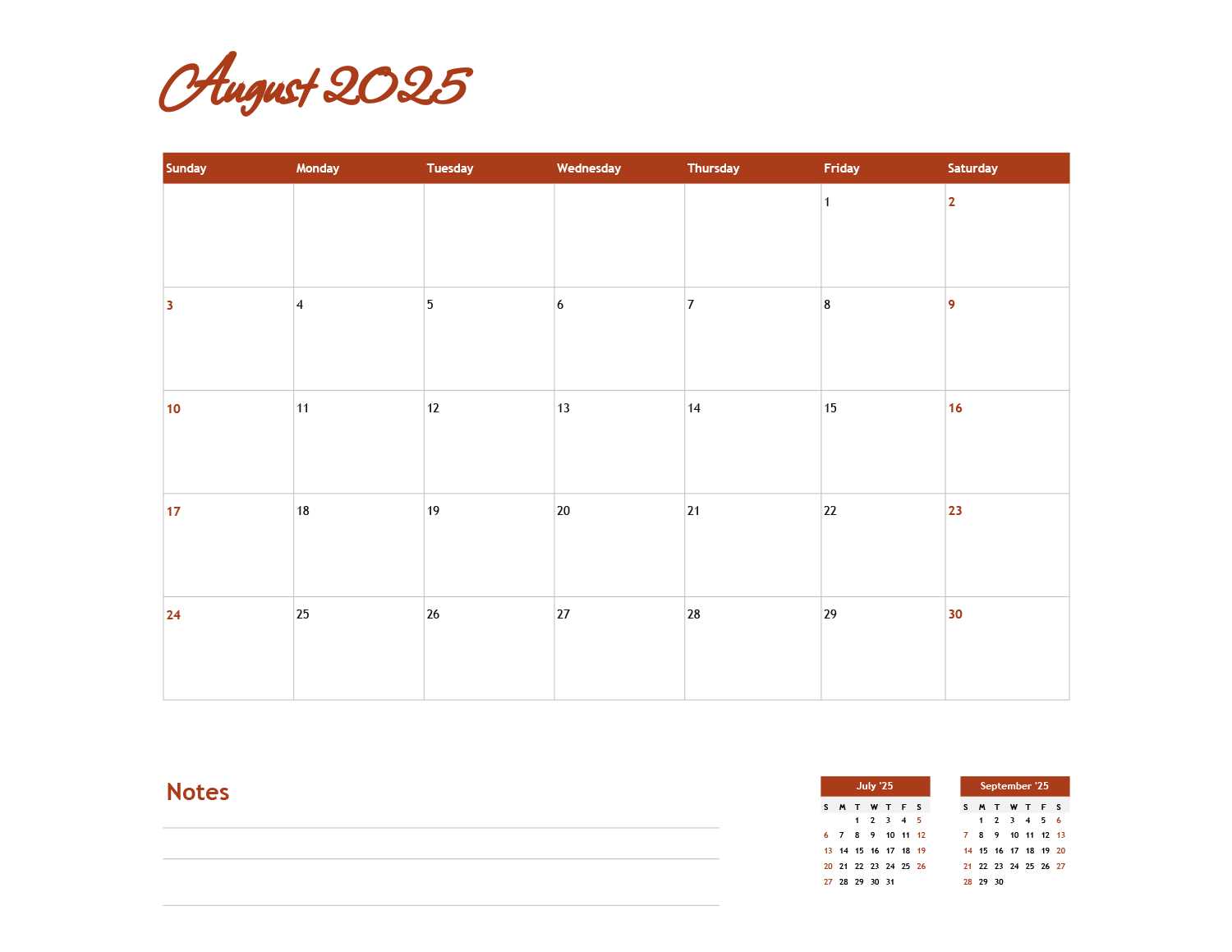 August Calendar Template 2026 Downloadable and Printable Options